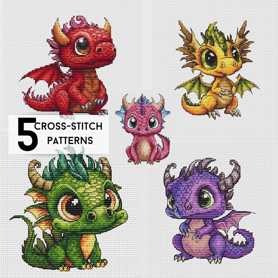 Cute Baby Dragons Cross-stitch Pattern, Set of 5 Needlepoint Designs ...