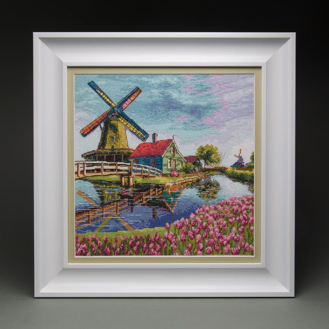 Tulip Fields Cross-stitch DIY Kit, River Landscape, Dutch Windmills ...