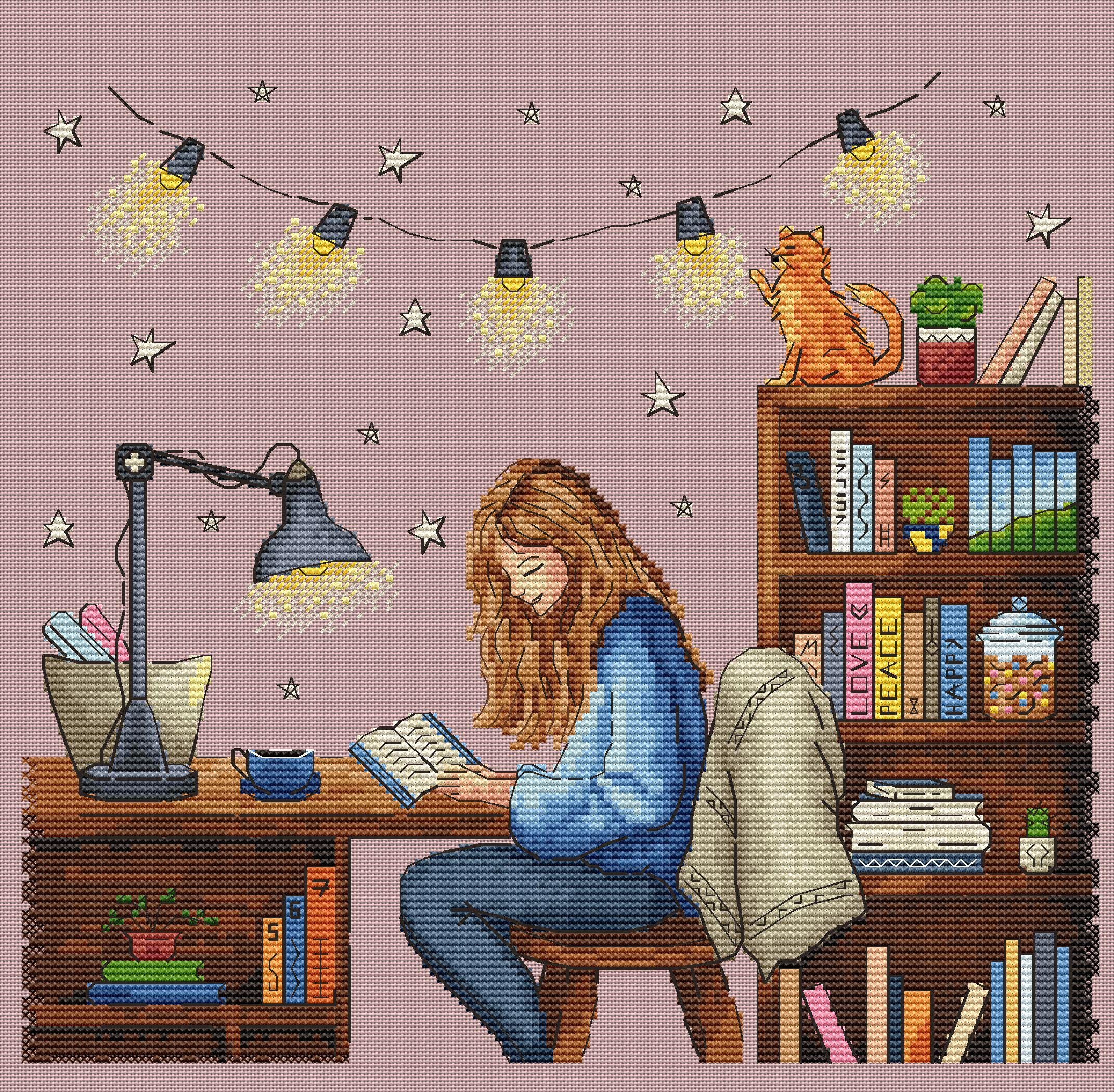 Girl Reading Cross Stitch Pattern, Girl & Red Cat X-stitch Design ...
