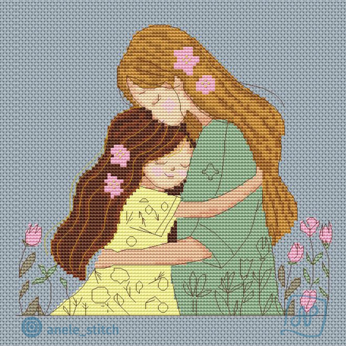 Mom and Daughter Cross Stitch Pattern, Mother's Day X-stitch Design ...