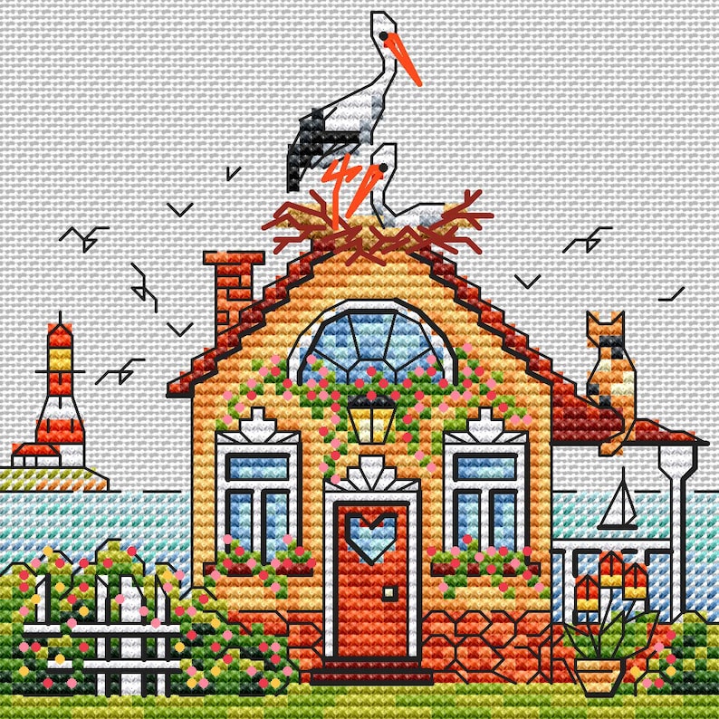 Storks on the House Cross Stitch Pattern, Easy X-stitch, Cottage ...