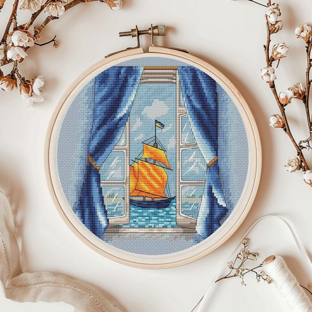 Sea Boat View Cross Stitch, Sailing Ship Embroidery Design, DIY ...