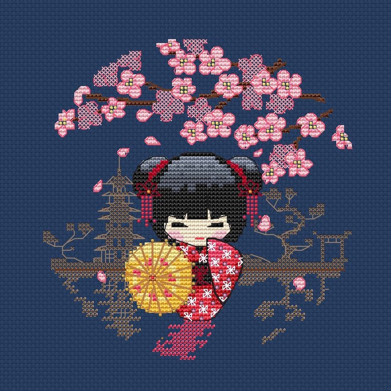 Geisha Cross Stitch Pattern, Japanese Girl & Cherry Blossom Design ...