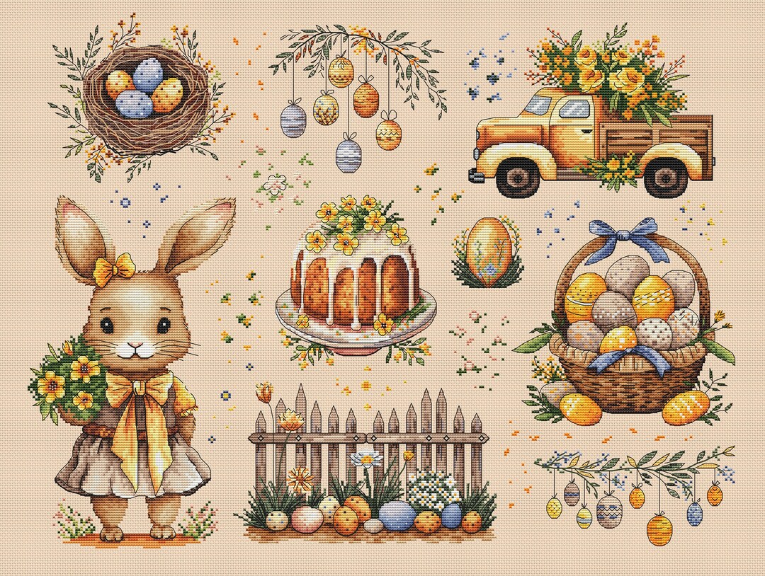 Easter Sampler Cross-stitch Pattern, Bunny, Eggs & Easter Cake, Nursery ...
