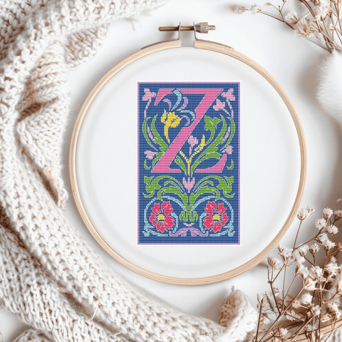 Letter Z Cross Stitch Pattern, Botanical Monogram Z X-stitch Pdf ...