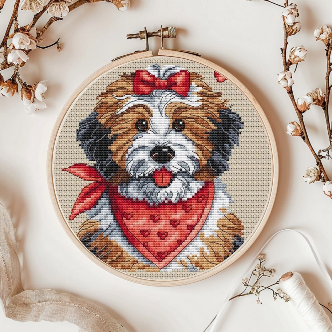 Labradoodle Dog Cross-stitch Pattern, Cute Valentine Puppy X-stitch ...