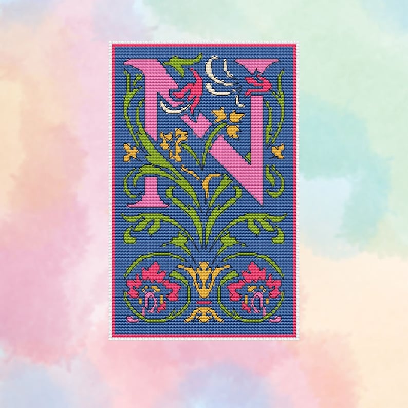 Letter N Monochrome Cross Stitch Pattern, Floral Monogram Font X-stitch ...