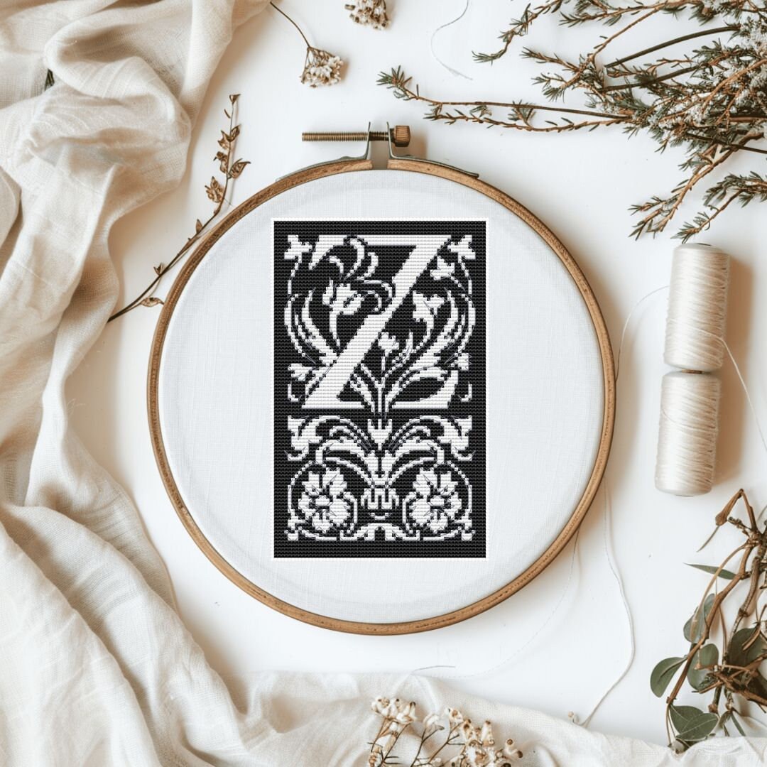 Letter Z Monochrome Cross Stitch Pattern, Floral Monogram Font X-stitch ...