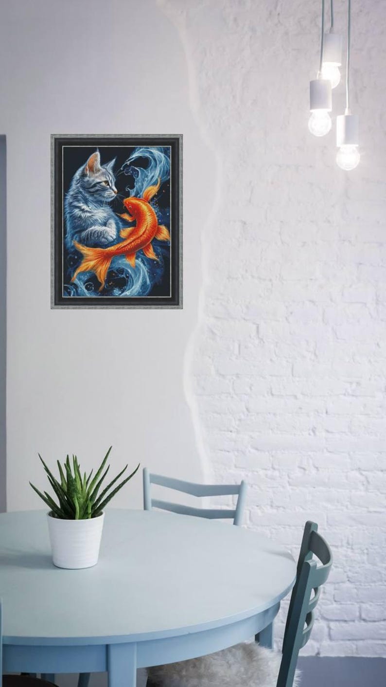Cat and Fish Cross Stitch Pattern, Animal X-stitch, Koi Carp Design ...