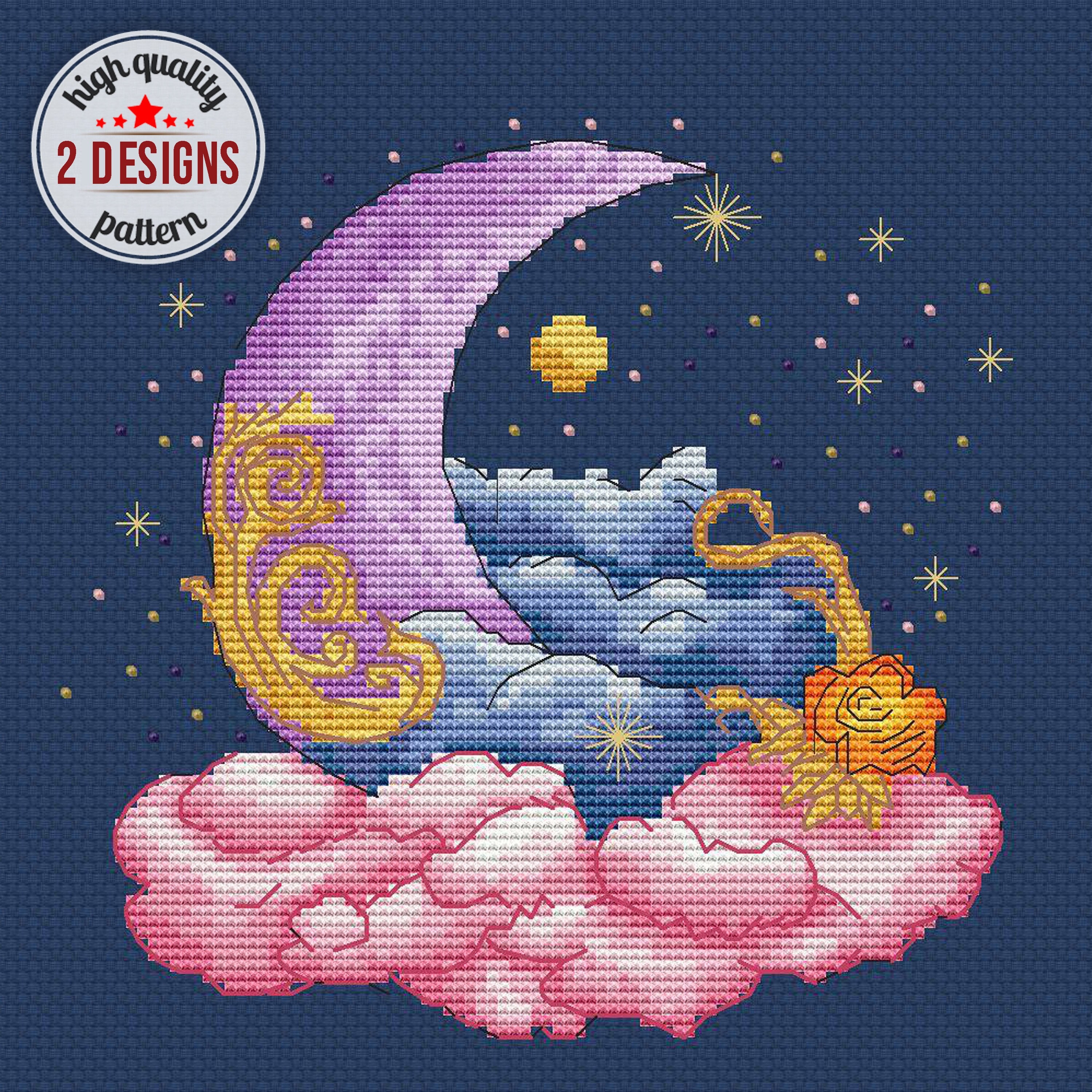 Moon Cross-stitch Pattern 2 Designs, Moon and Sun Stitching Pattern ...