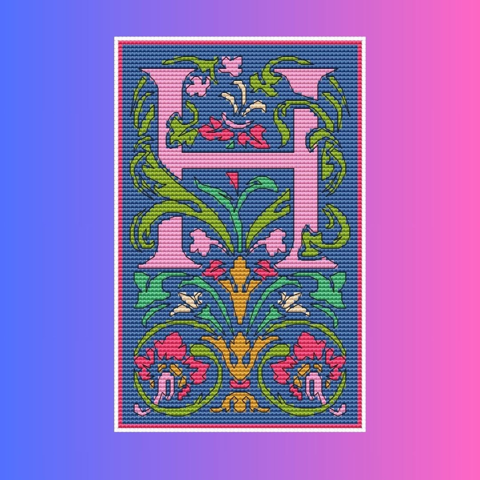 Letter H Monochrome Cross Stitch Pattern, Floral Monogram Font X-stitch ...