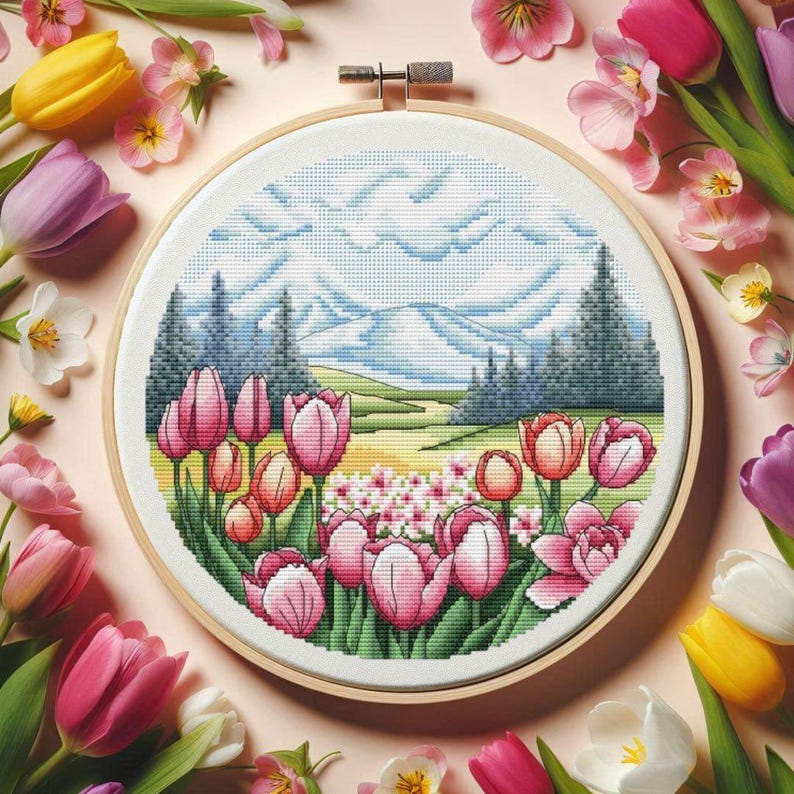 Tulip Field Cross Stitch Pattern, Spring Mountain Landscape X-stitch ...