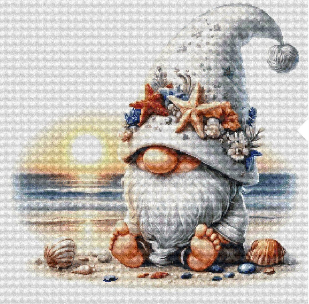 Gnome on the Beach Cross-stitch Pattern, Sea Sunset X-stitch, Dwarf ...