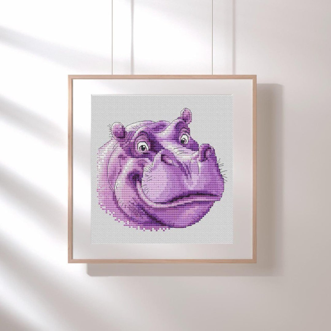 Hippopotamus Cross Stitch Pattern, Cute Lilac Hippo Portrait X-stitch ...
