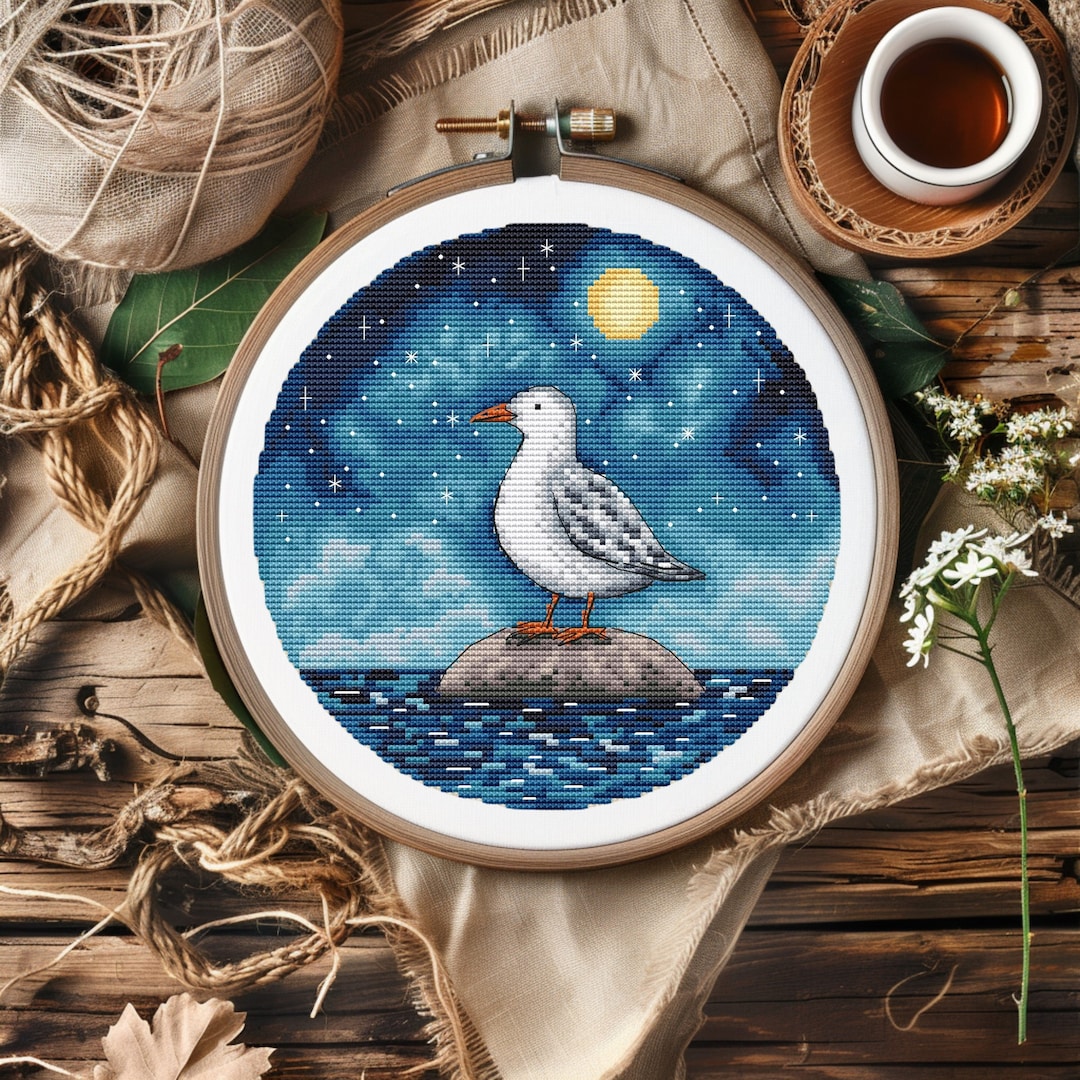 Seagull Cross Stitch Pattern, Night Seascape X-stitch Digital Download ...