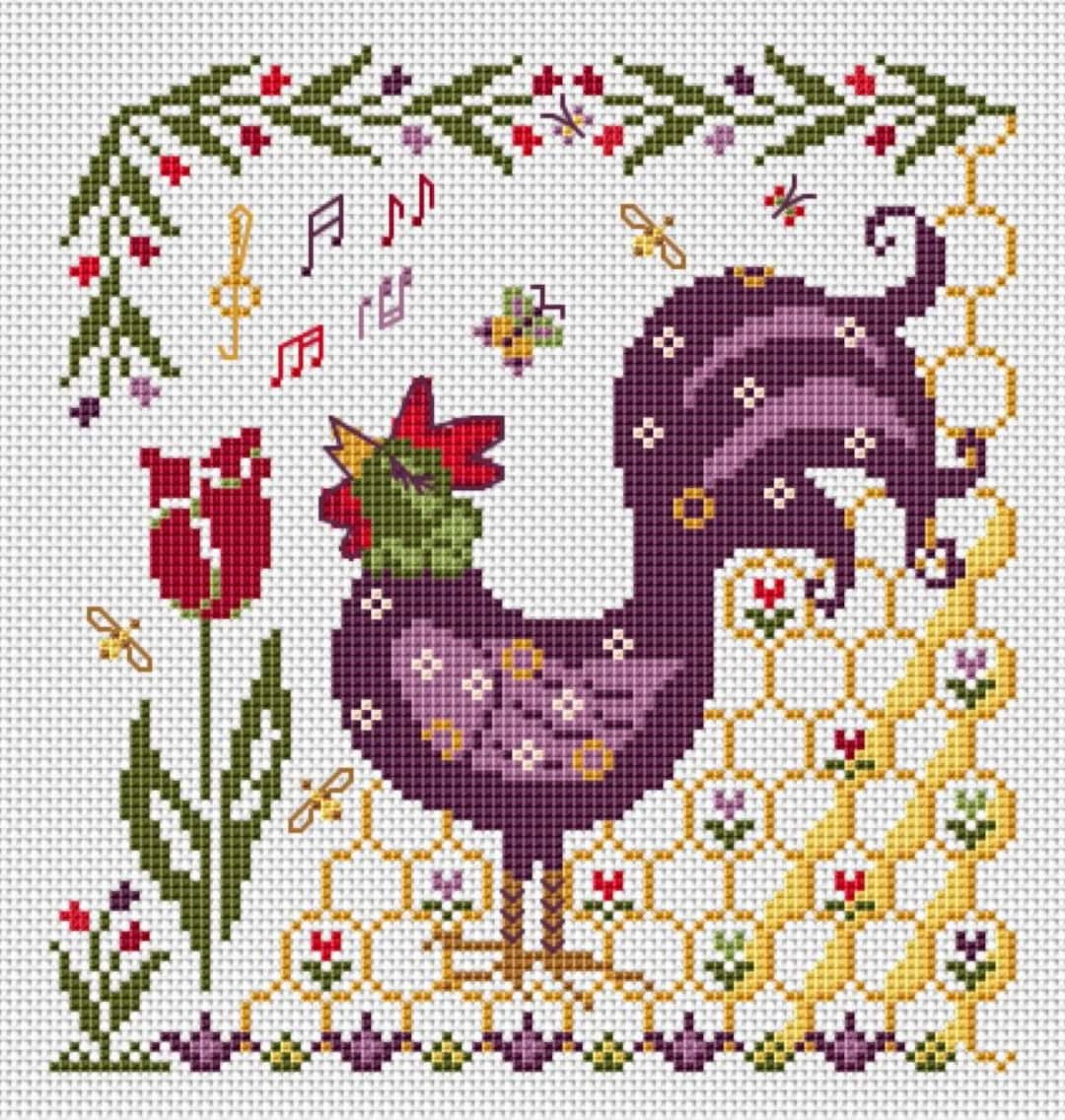 Primitive Rooster Cross-stitch Pattern, Vintage Style Sampler Pdf, Bird ...