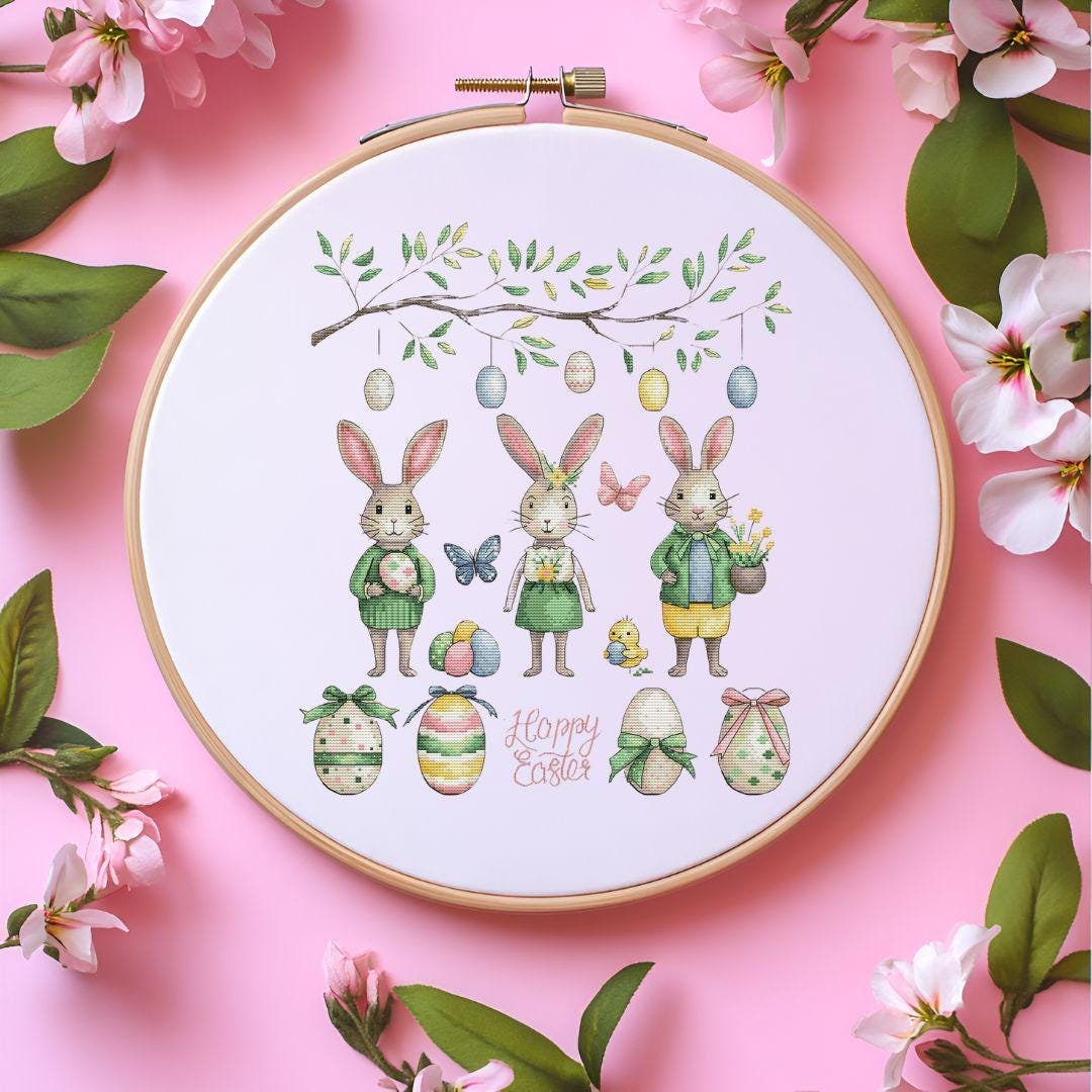 Easter Bunnys With Painted Eggs Cross Stitch Pattern, Easter Gift Home ...