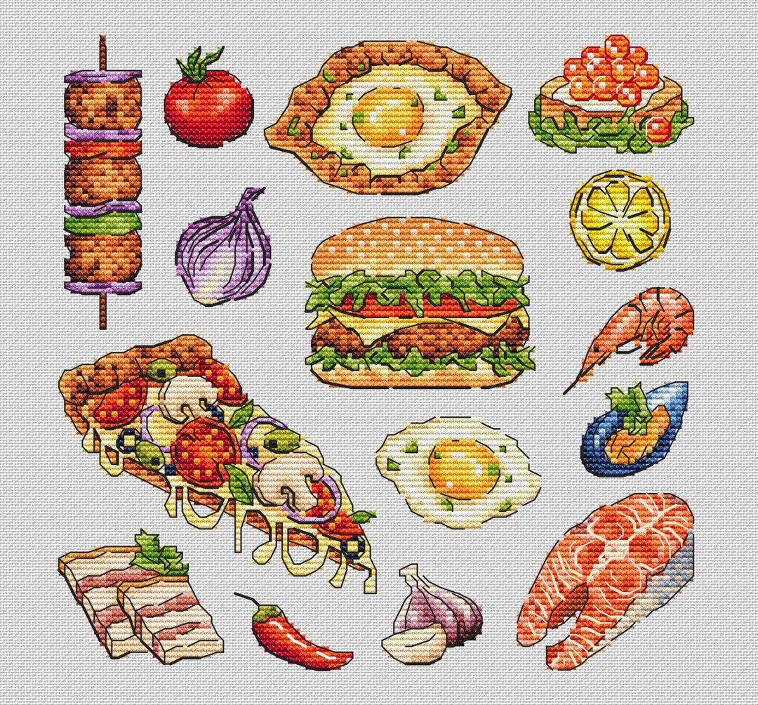 Sampler Food Cross Stitch Pattern, Cooking X-stitch Design, Pizza ...