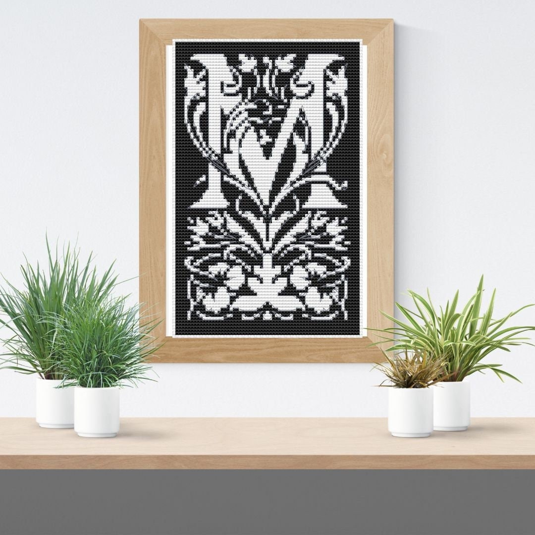Letter M Monochrome Cross Stitch Pattern, Floral Monogram Font X-stitch ...