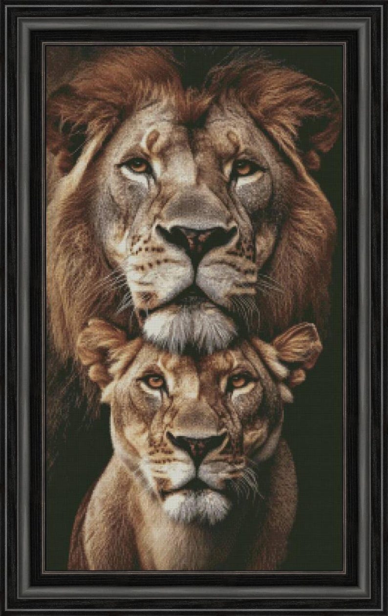 Lion and Lioness Cross Stitch Pattern, Pair of Lions Realistic Portrait ...