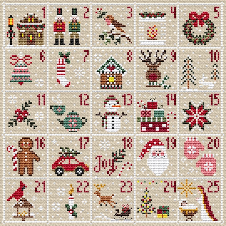 Advent Calendar Cross-stitch Pattern, Christmas Embroidery Design, Xmas ...