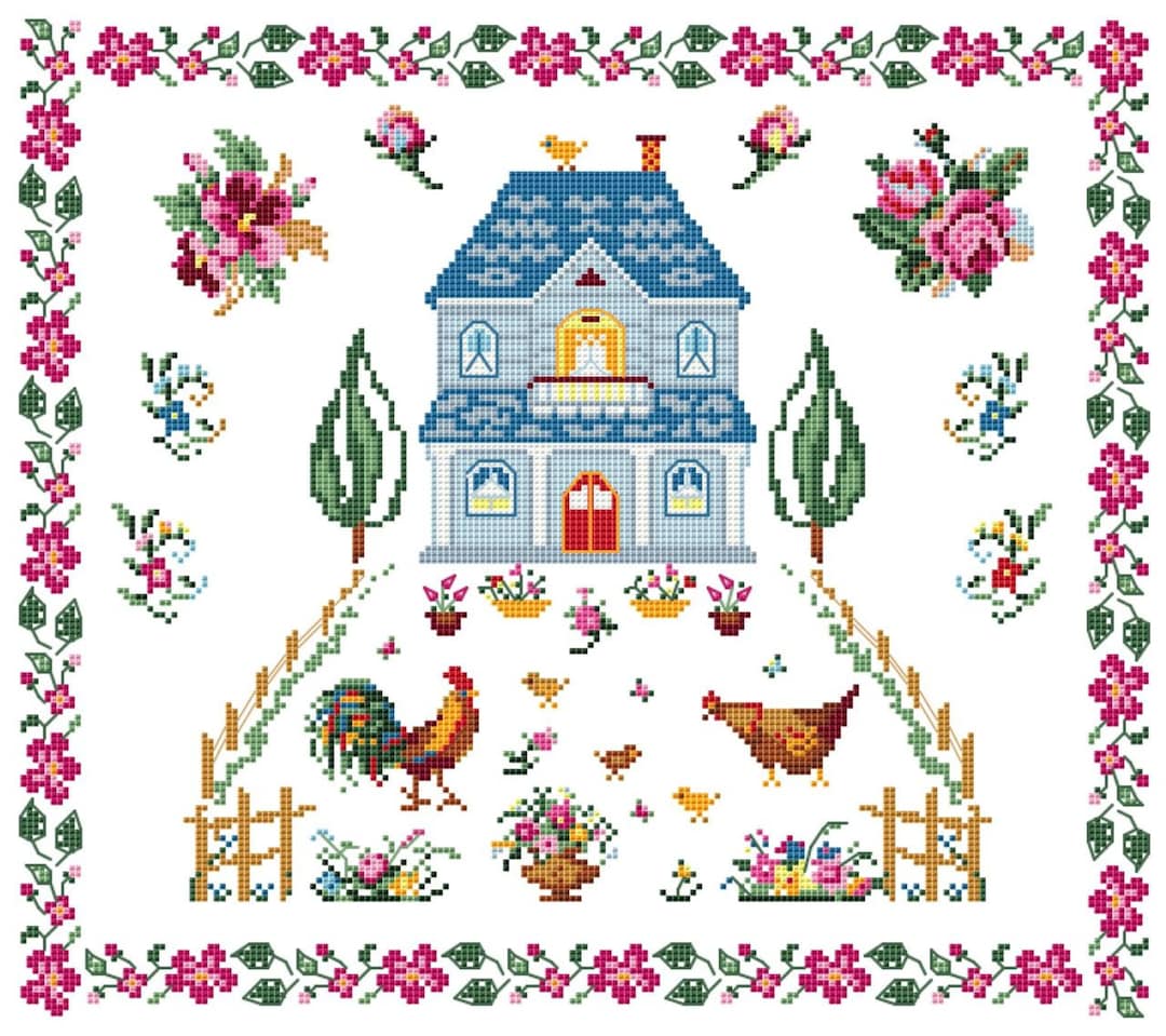 Country Cottage Cross Stitch Pattern, Vintage House Sampler Pdf ...