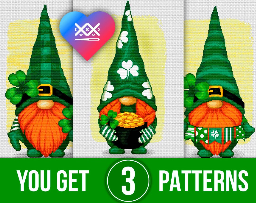 Set of 3 St Patrick's Gnome Patterns, Dwarf Stitching Pattern, Spring ...