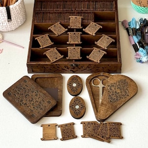 Wooden Sewing Box, Lidded Container for Sewing Accessories, 100 Bobbins ...