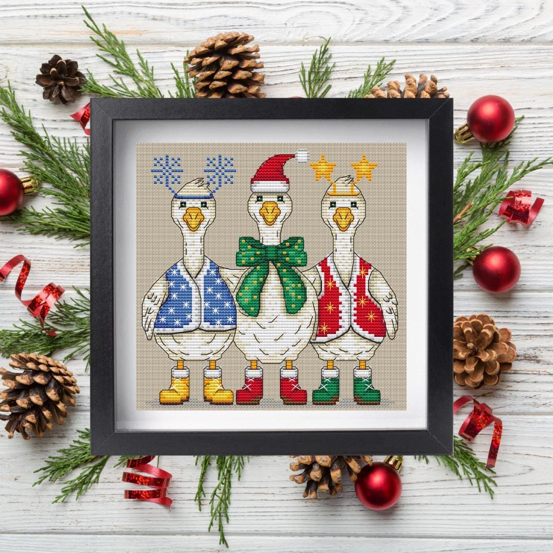 3 Christmas Geese Cross Stitch Pattern, Funny Birds in Costumes X ...