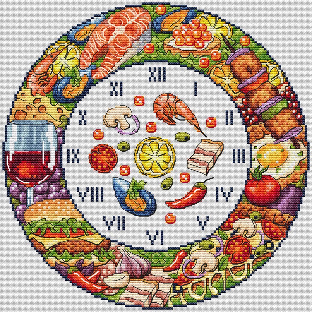 Clock Cross Stitch Pattern, Food Sampler X-stitch Design, Cooking ...
