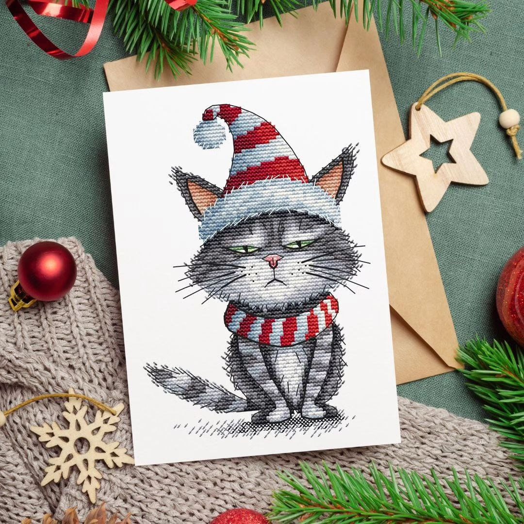 Grumpy Cat Cross-stitch Pattern, Cute Xmas X-stitch Design, DIY Kids ...