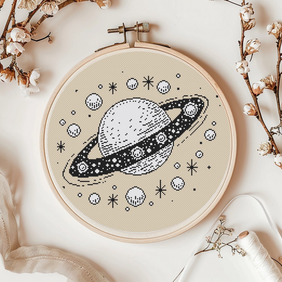 Saturn Planet Cross Stitch Pattern for Beginners , Monochrome Pattern ...