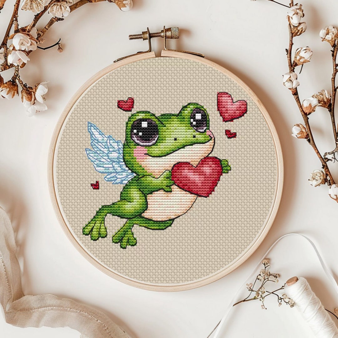 Valentines Frog Cross-stitch Pattern, Cute Frog With Heart X-stitch ...