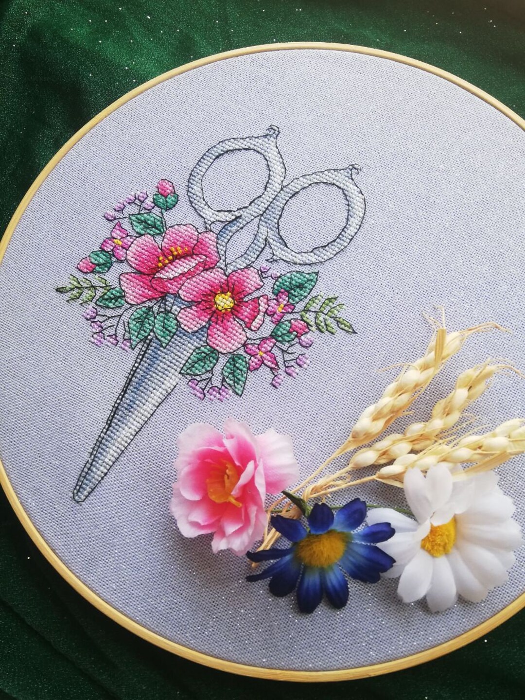 Scissors With Flowers Cross-stitch Pattern, Floral Embroidery Design ...