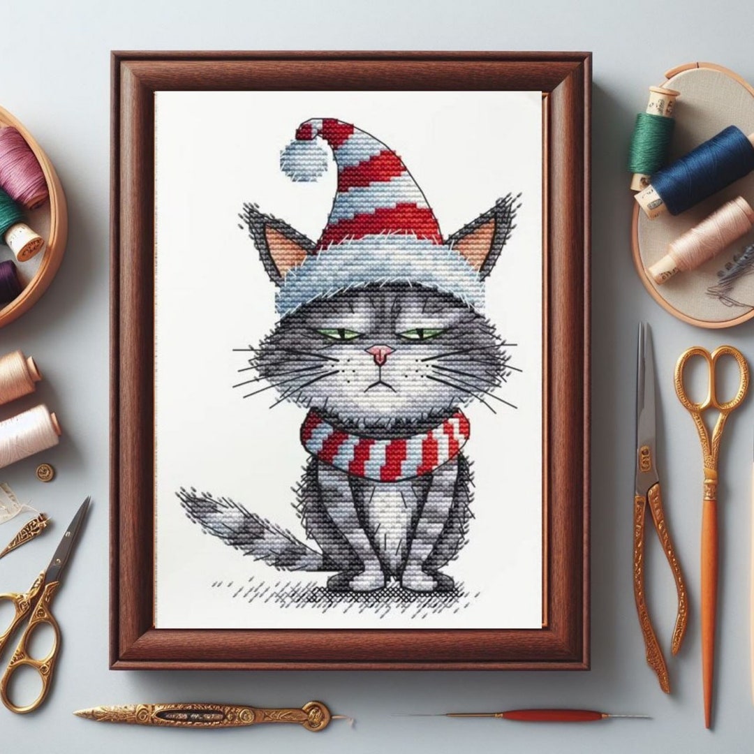 Grumpy Cat Cross-stitch Pattern, Cute Xmas X-stitch Design, DIY Kids ...