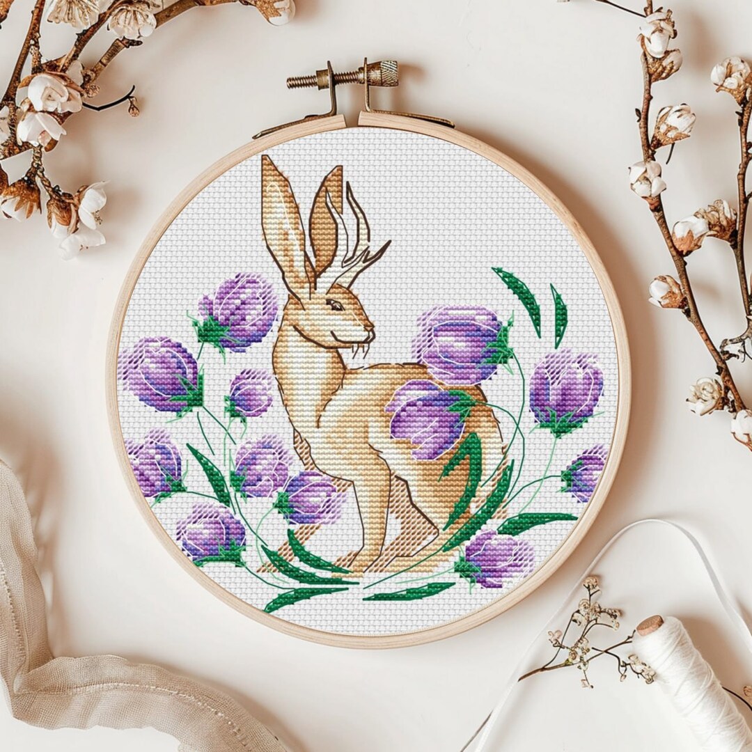 Jackalope Cross-stitch Pattern, Mystical Horned Hare With Flowers Embroidery Design, Rabbit ...