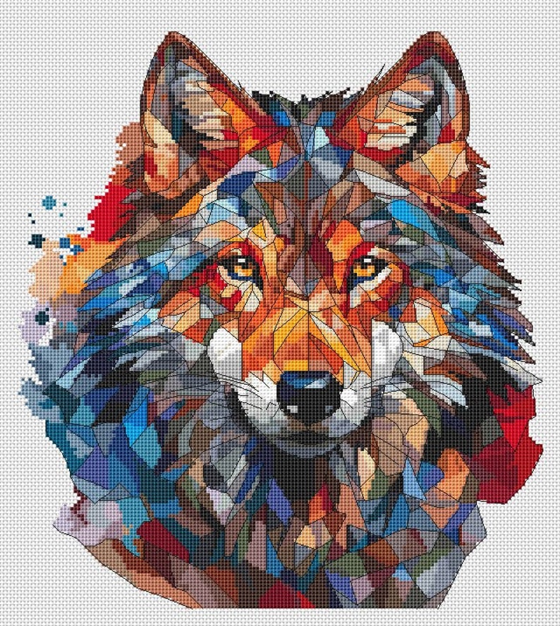 Wolf Cross-stitch Pattern, Mosaic Glass Needlepoint Design, DIY Counted ...