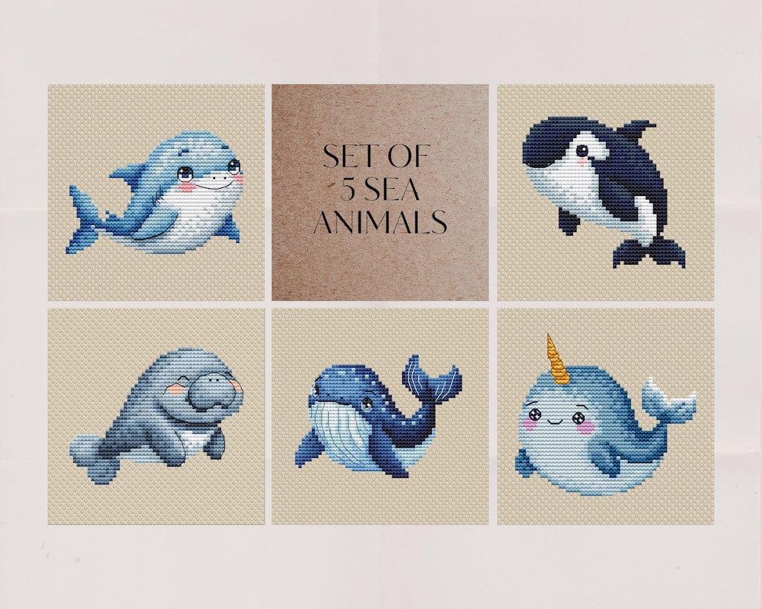 Sea Animals Set of 5 Designs Cross Stitch Pattern, Shark, Orca, Manatee ...