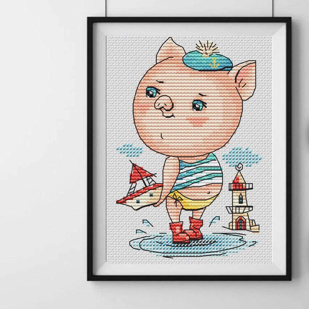 Sailor Pig Cross Stitch Pattern, Boat Boy Xstitch Digital Design, Sea ...