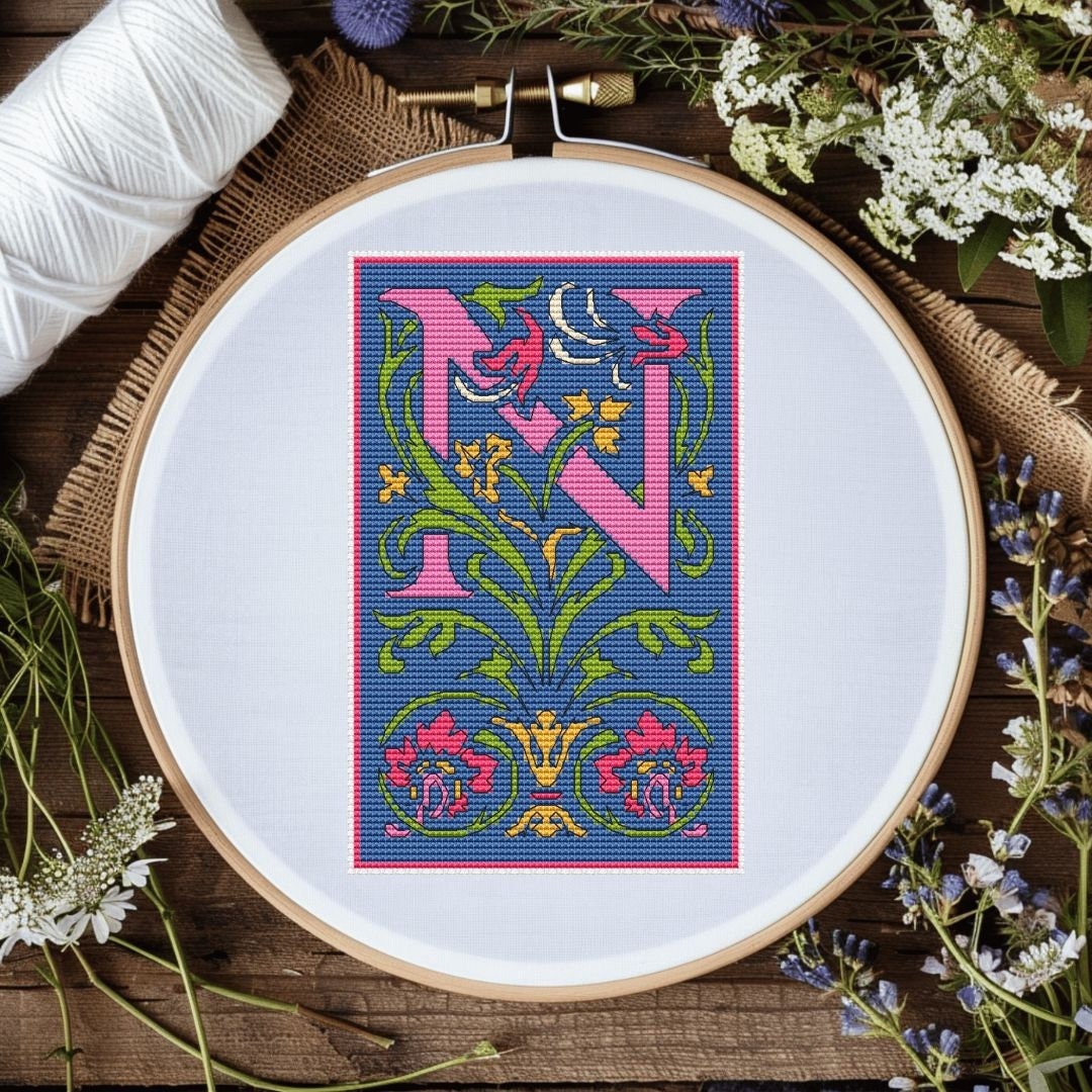 Letter N Cross Stitch Pattern, Botanical Monogram N X-stitch Pdf ...