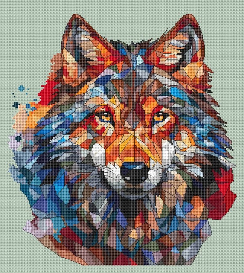 Wolf Cross-stitch Pattern, Mosaic Glass Needlepoint Design, DIY Counted ...