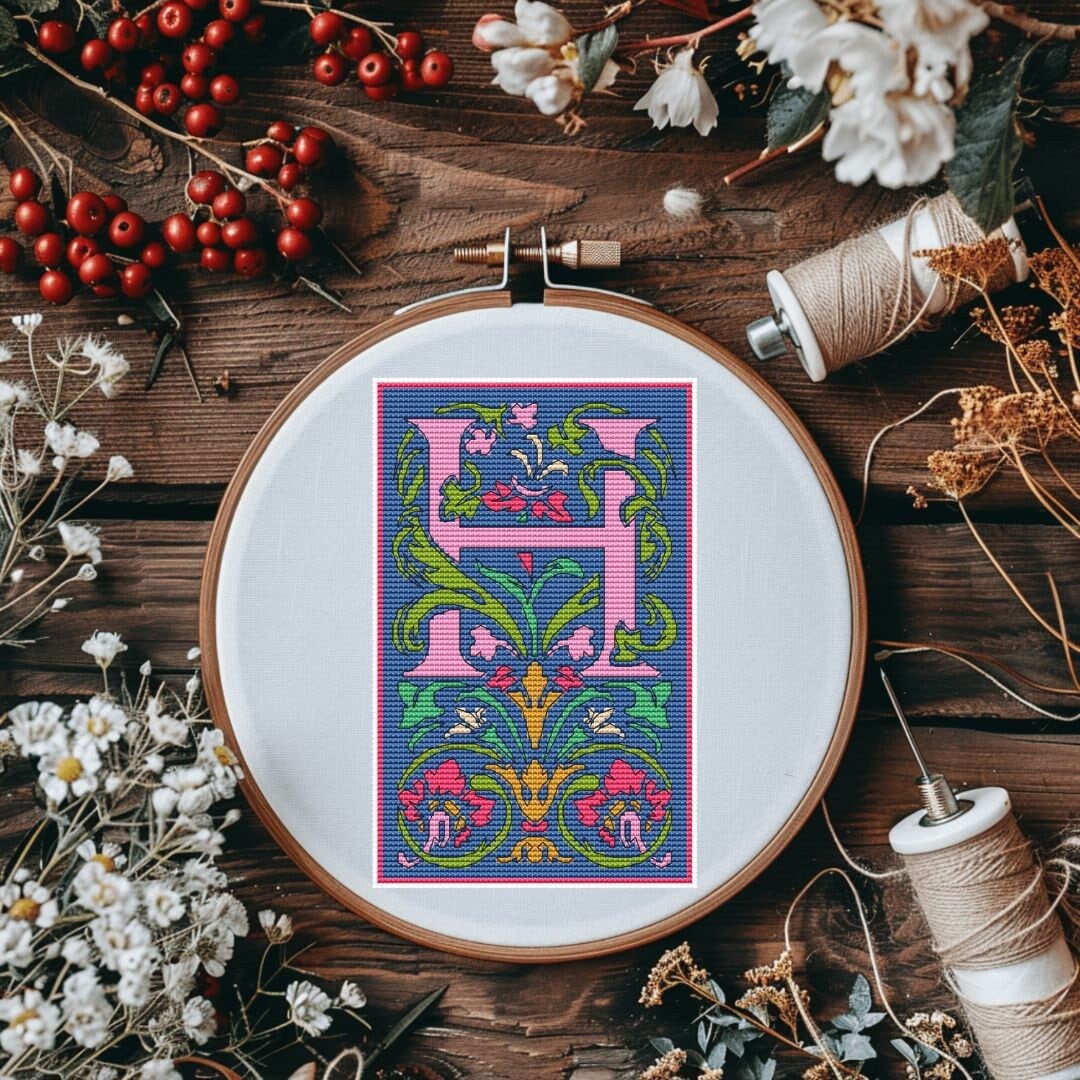 Letter H Cross Stitch Pattern, Botanical Monogram H X-stitch Pdf ...