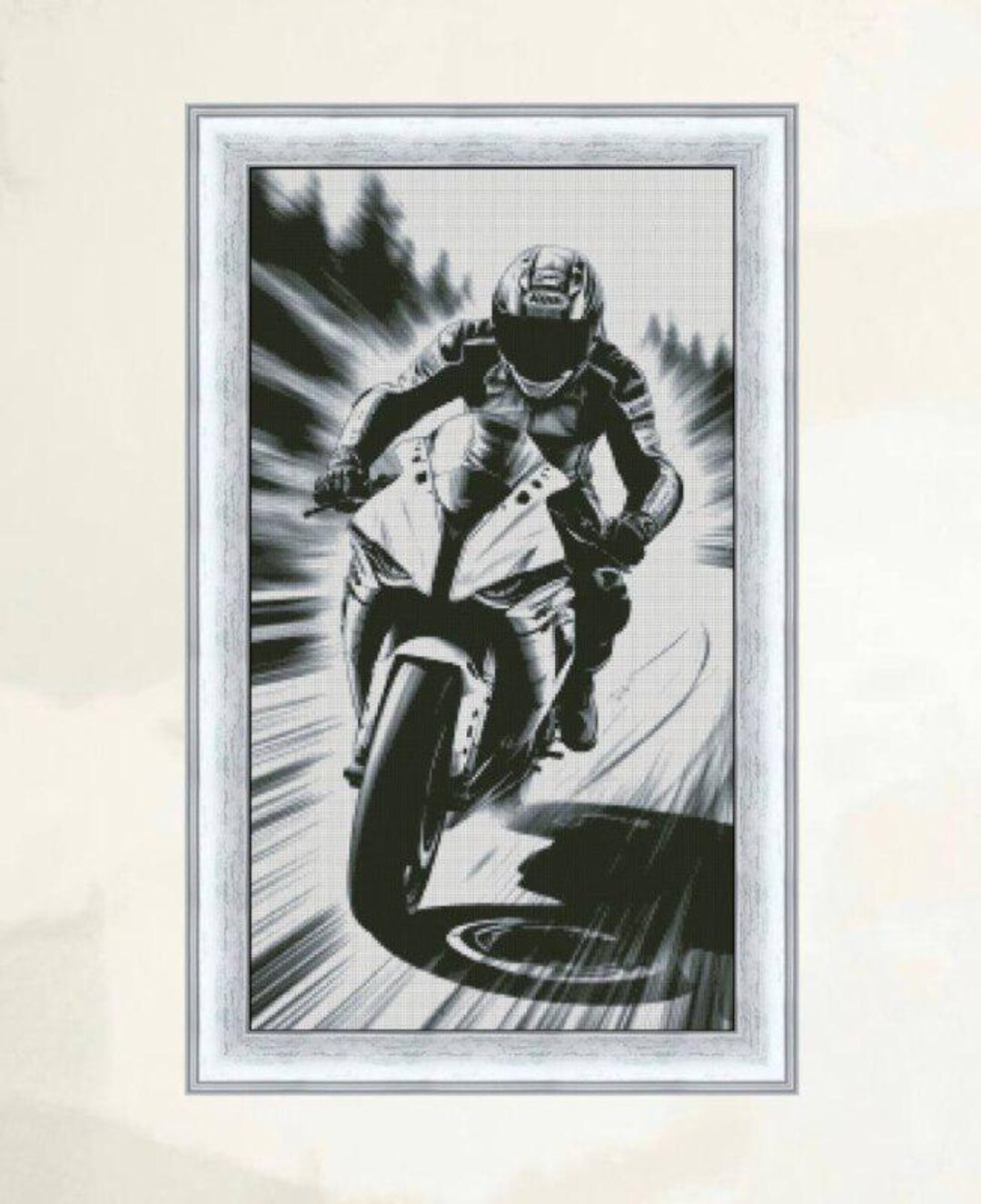 Motorbike Rider Cross Stitch Pattern, Biker Monochrome X-stitch ...