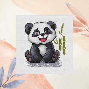 Panda With Bamboo Cross-stitch Pattern, Cute Panda Bear X-stitch Design ...