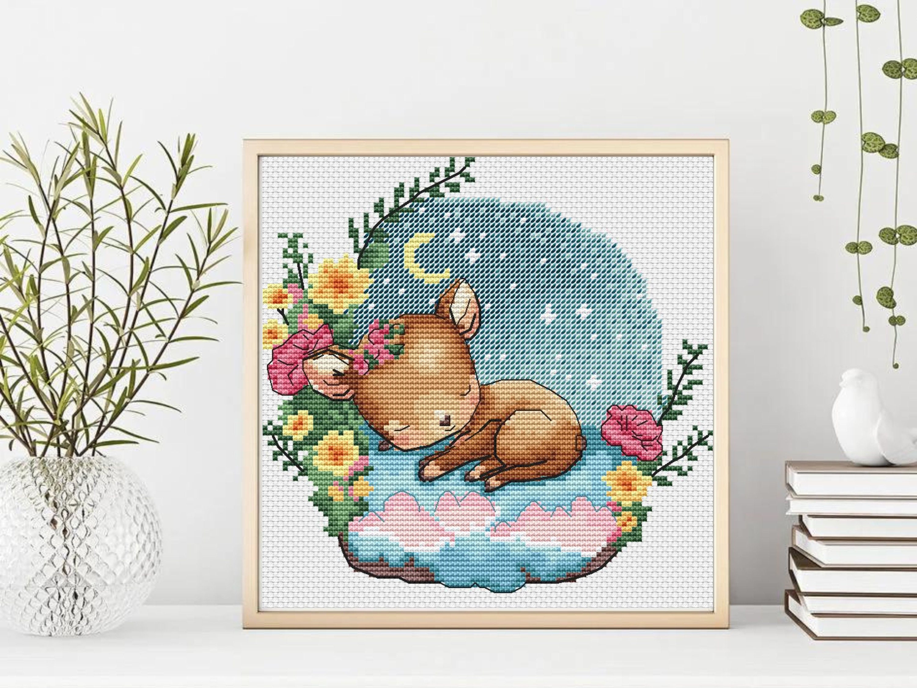Sleeping Little Deer With Flowers Cross-stitch Pattern - Etsy