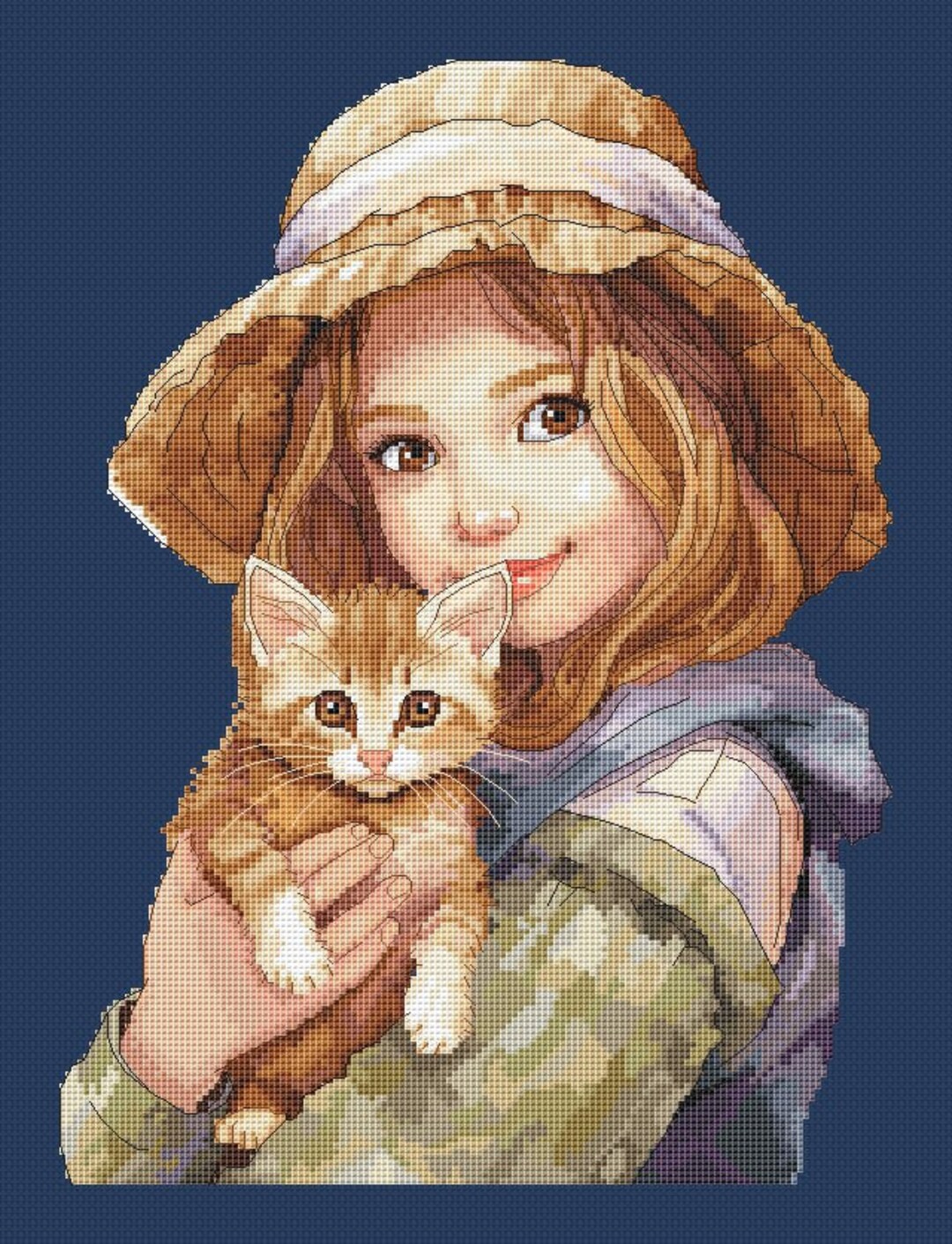 Girl With Red Kitten Cross Stitch Pattern, Cute X-stitch Design, Kids ...