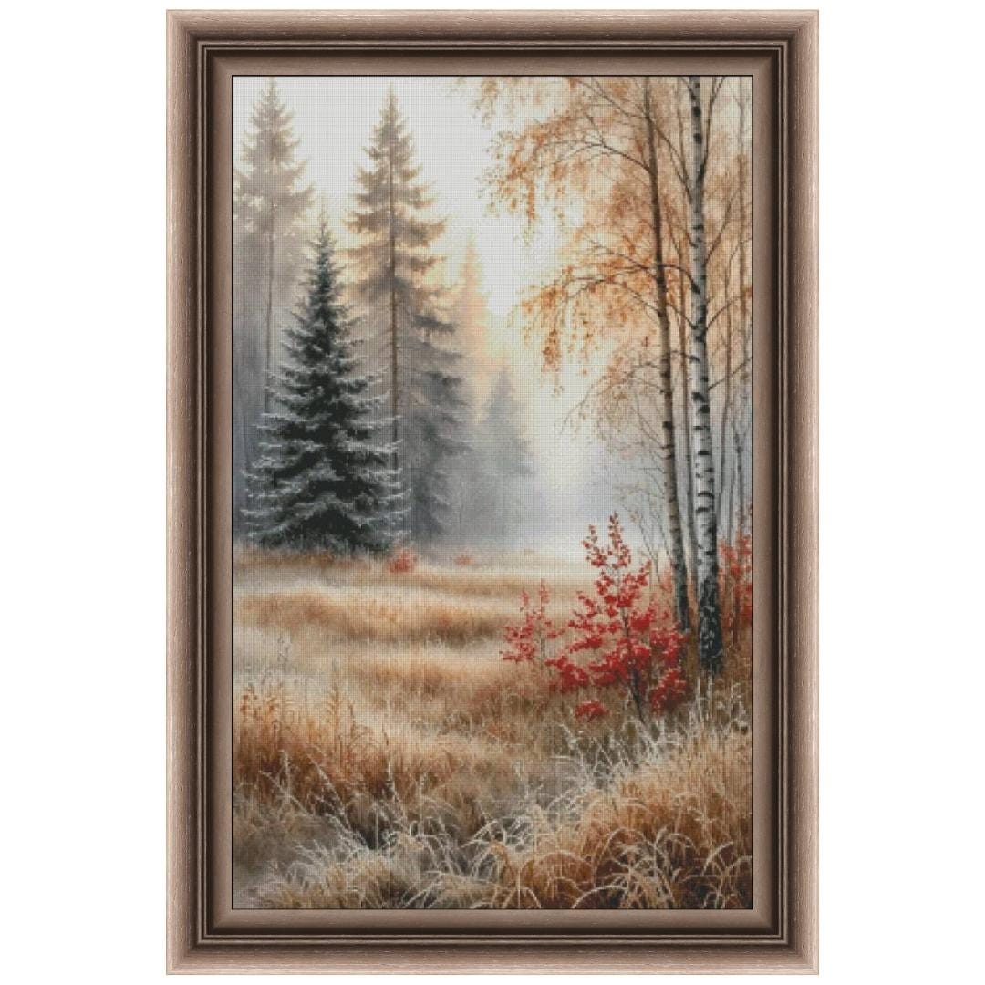 Autumn Forest Cross Stitch Pattern, Trees in Fog X-stitch Design, Fall ...