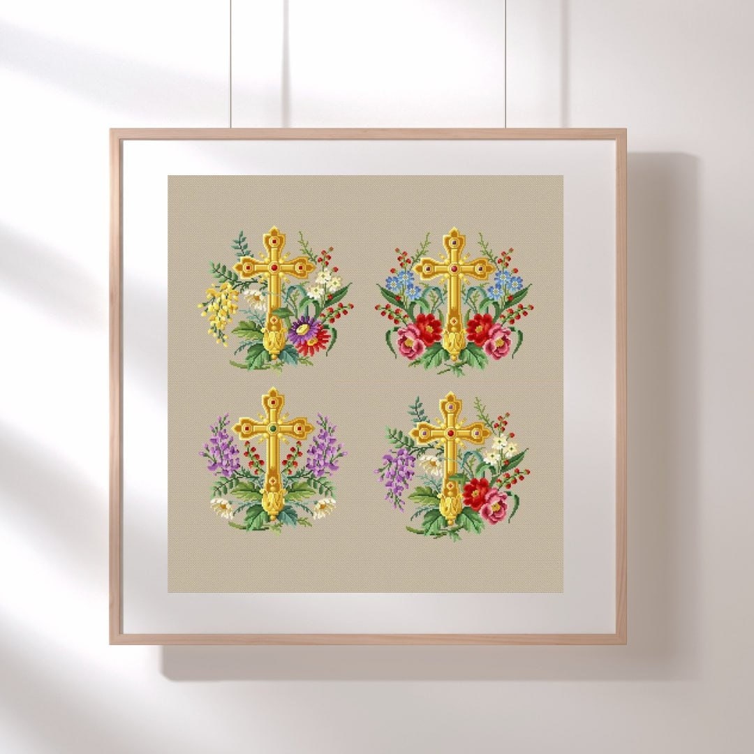 Set of 4 PDF Patterns, Christian Cross With Flowers, Counted Cross ...