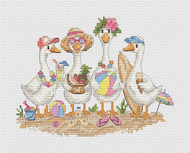 Beach Geese Cross Stitch Pattern, Funny Summer Birds Counted X Stitch ...