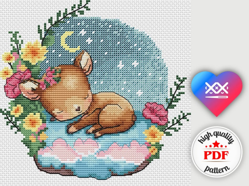 Sleeping Little Deer With Flowers Cross-stitch Pattern - Etsy